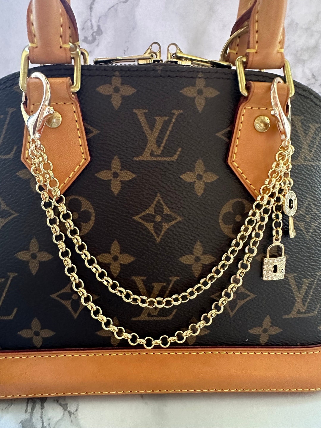 Gold Tone Double Chain Bag Charm: Rhinestone Lock & Key - Etsy