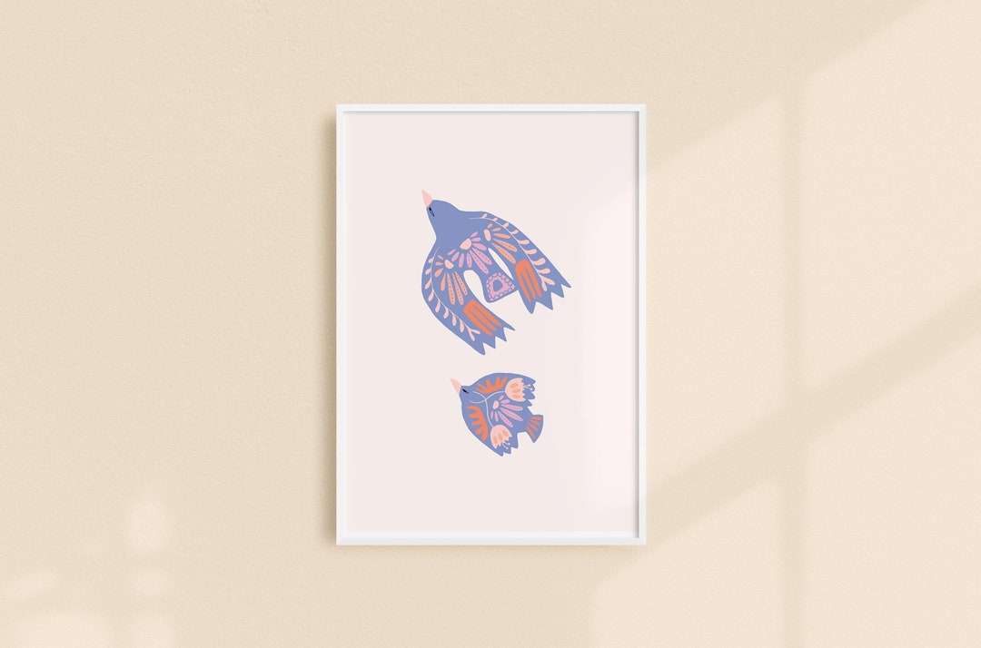 Scandinavian Spirit Poster of Two Hand-drawn Blue Birds Flying - Etsy