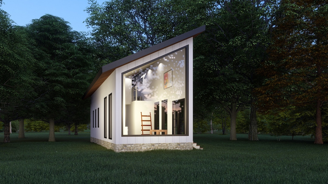 Custom Charming Sloped Roof Cabin Plans With Loft Bedroom | 600 Sq FT ...