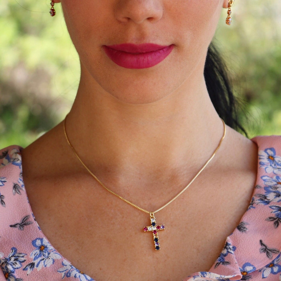 18k GOLD CROSS NECKLACE, Lords Prayer Crystal Cross Necklace Women Gold ...