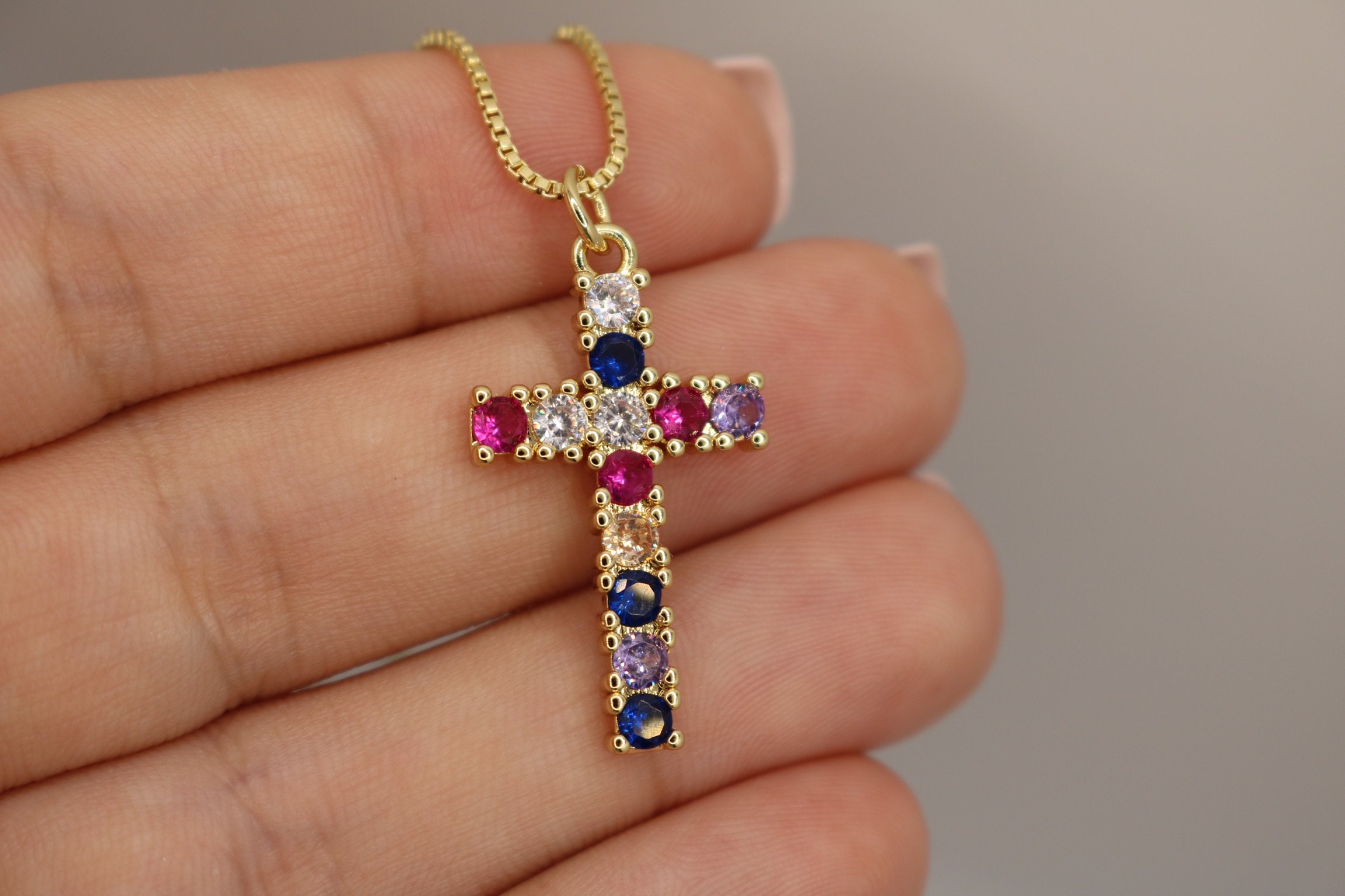 18k GOLD CROSS NECKLACE, Lords Prayer Crystal Cross Necklace Women Gold ...