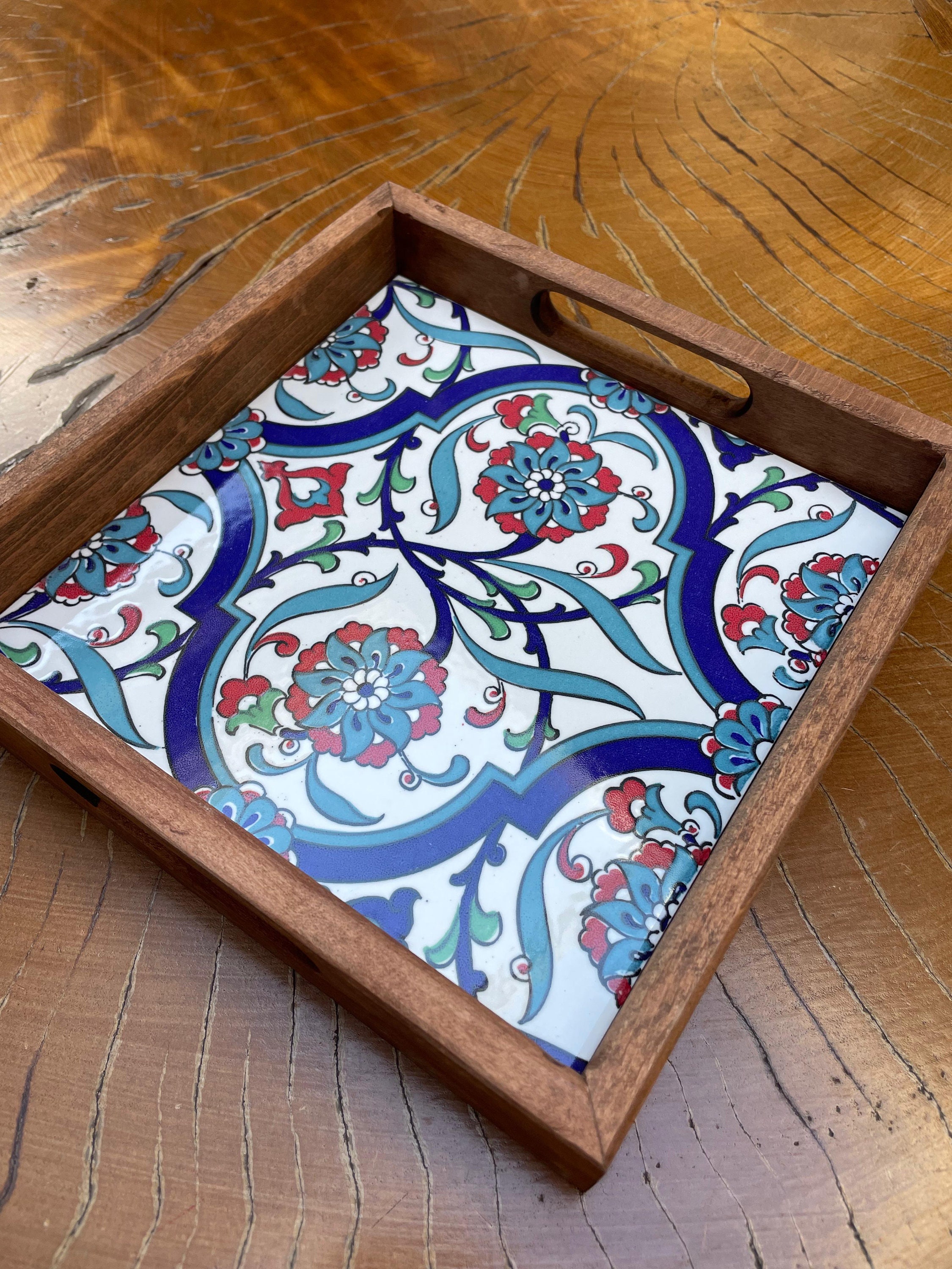 Handmade Wooden Tile Tray, Ottoman Desing Wood Tray, Decorative Serving ...