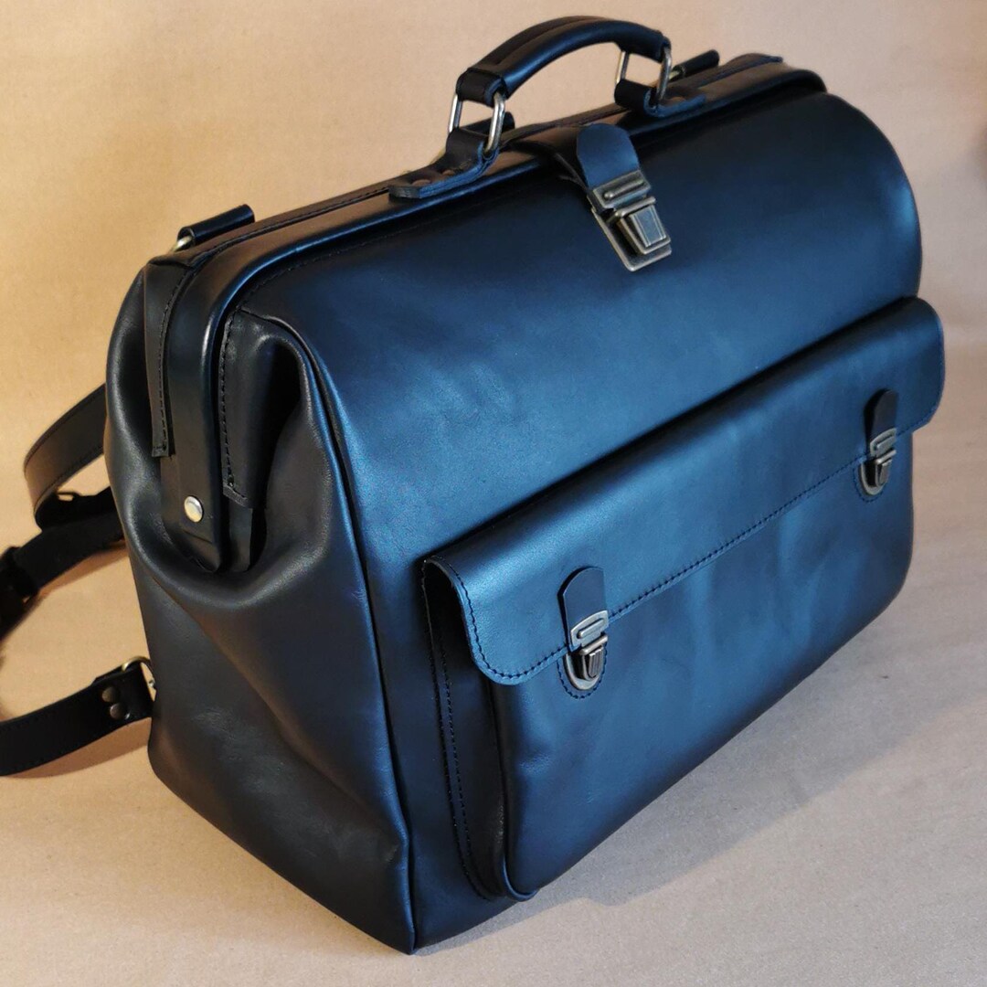 Black Leather Doctor Style Briefcase, Full-grain Laptop Work Satchel ...