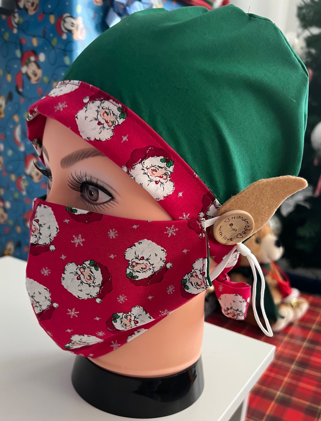 Santa Elf Ears Scrub Cap With Mask - Etsy