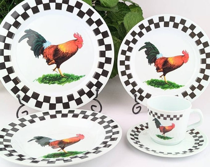 5 PC Melamine Rooster Dinnerware Set | Vintage Rooster Chicken Plates ...