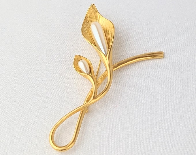 Calla Lily Floral Faux Pearl 4" Brooch Pin | Vintage Piscitelli 1980s ...