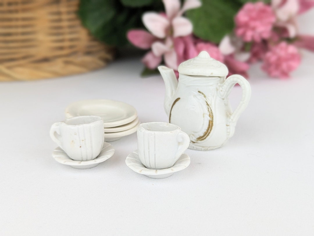 Antique White Porcelain Miniature Tea Set 9pc | Dollhouse Tea Set Mini ...