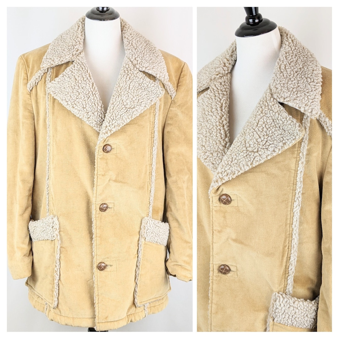 Vtg 70s Tan Corduroy Sherpa Lined Jacket Unisex Fleecy Lined Warm ...
