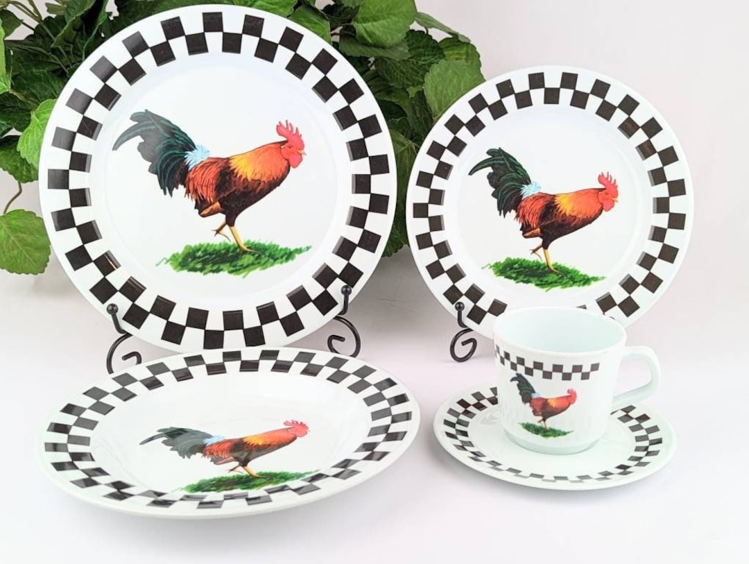 5 PC Melamine Rooster Dinnerware Set | Vintage Rooster Chicken Plates ...