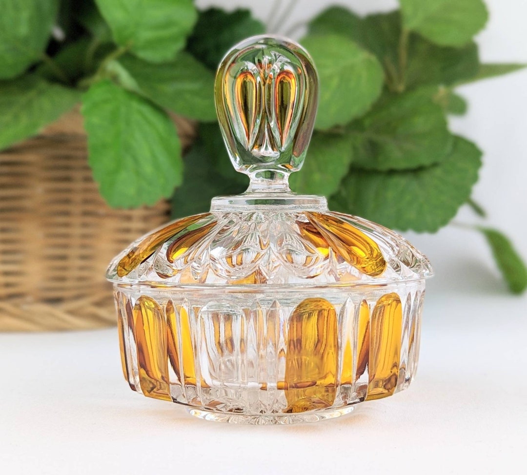 Amber Flashed Glass Trinket Dish With Lid | Vintage Clear Amber Cut ...
