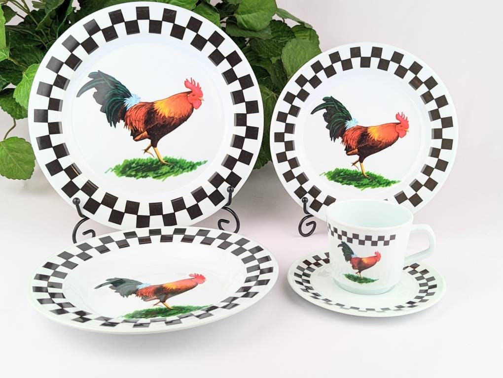 5 PC Melamine Rooster Dinnerware Set Vintage Rooster Chicken Plates ...