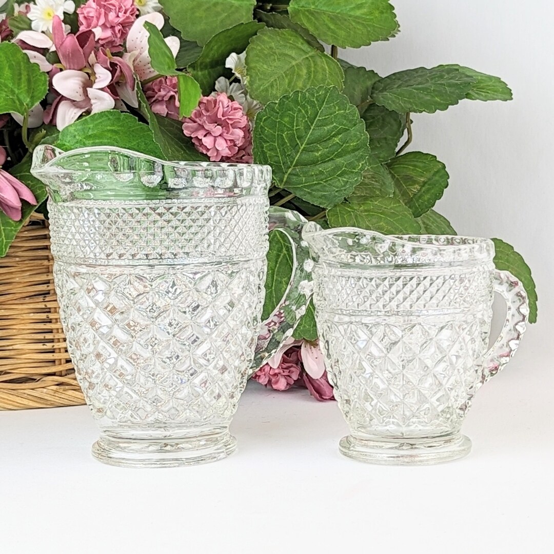 Set of 2 Sparkly Diamond Pressed Glass Small Pitchers Retro Clear Glass ...