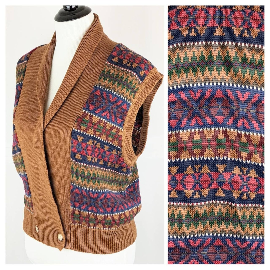 Aztec Navajo Print Shawl Collar Brown Buttoned Sweater Vest | Vtg 80s ...