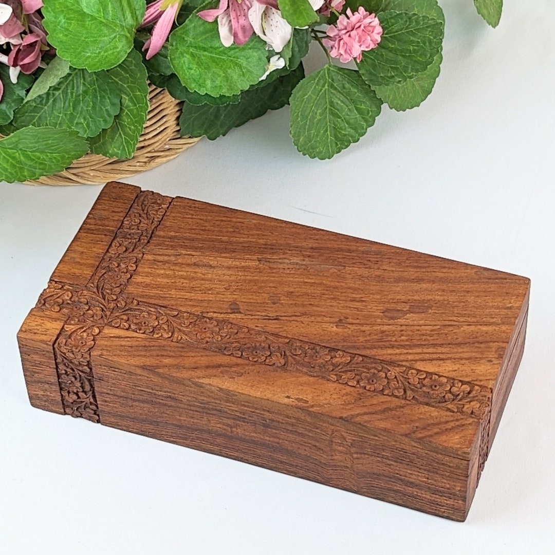 Carved Wood Storage Keepsake Box Hand Carved Wooden Hinged Lid Box ...