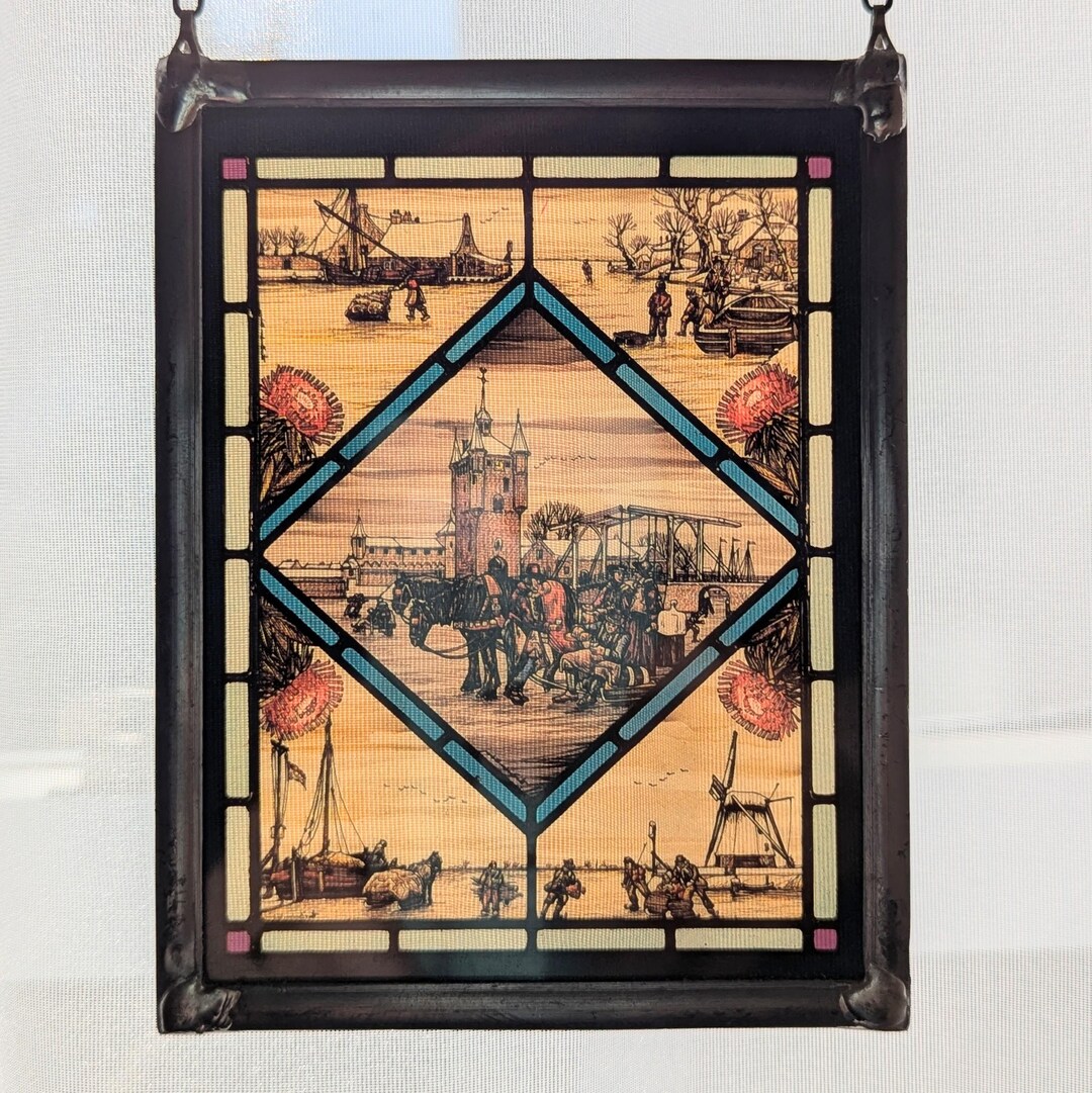 Vintage Dutch Glass Window Hanging With 18th Century Port Scene | Theo ...