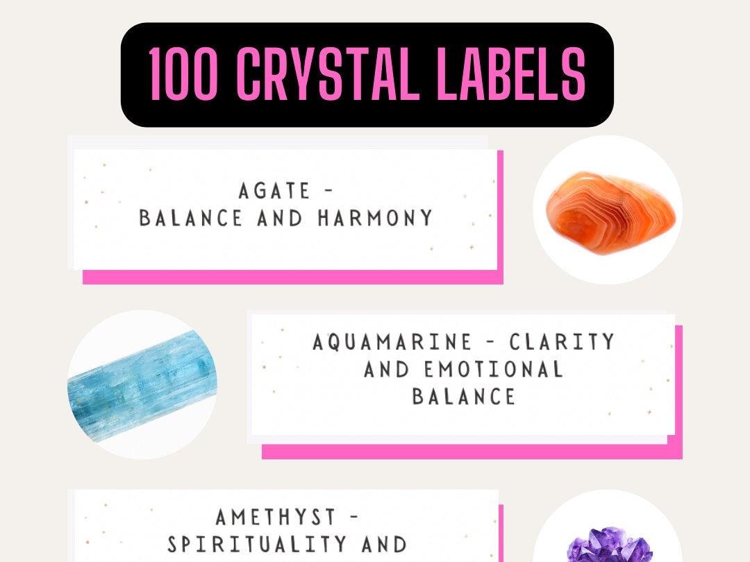 100 Crystal Labels/ Crystal Stickers/ Crystal Meanings Cards/ 1.75×.05 ...