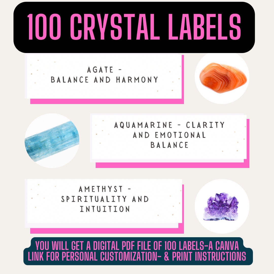 100 Crystal Labels/ Crystal Stickers/ Crystal Meanings Cards/ 1.75×.05 ...