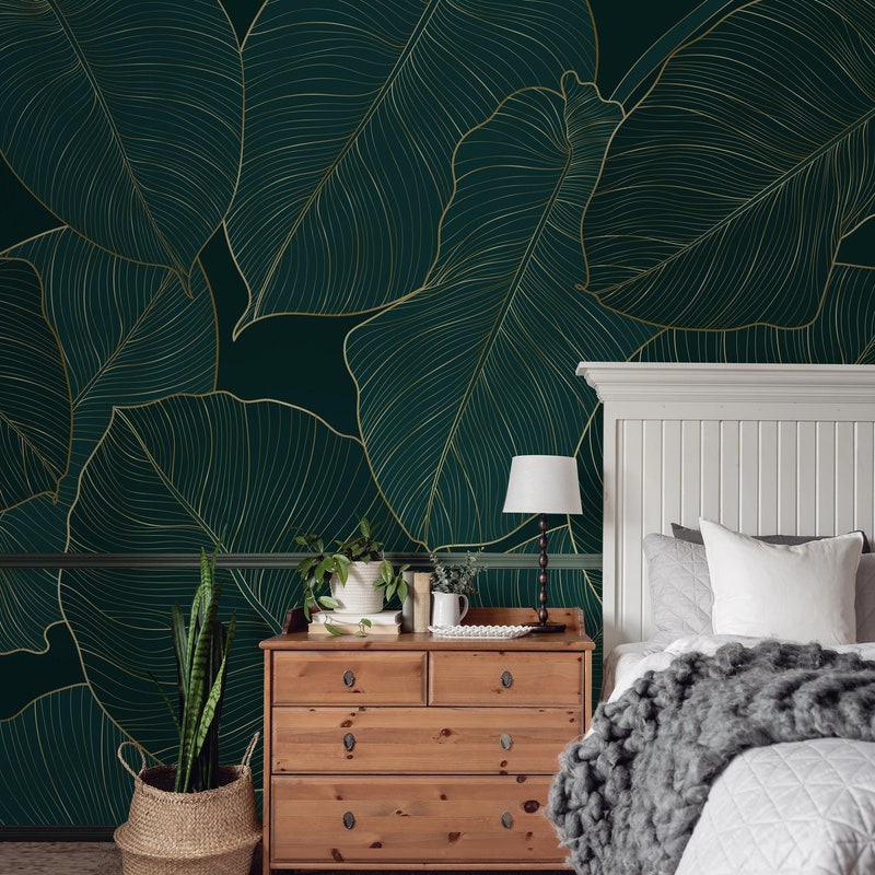 Wallpaper Big Leaf Dark - Etsy