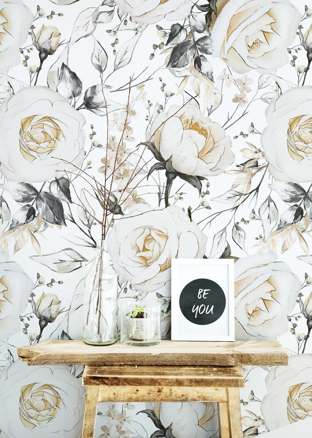 White Rose Wallpaper | Elegant Floral Wall Mural | Neutral Peel and ...