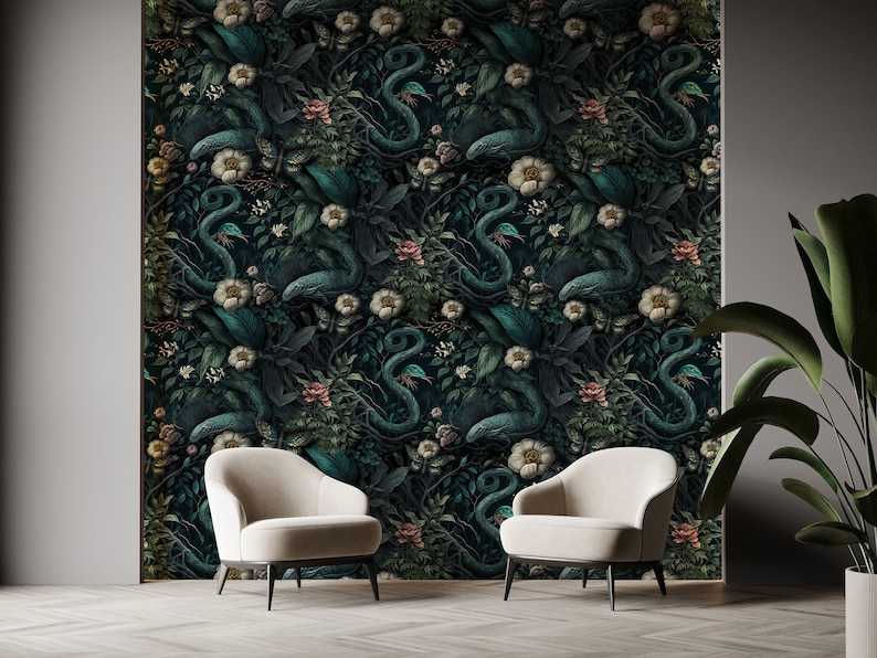 Dark Botanical Wallpaper Secret Garden at Night Peel and - Etsy Dark Botanical Wallpaper Secret Garden at Night Peel and - Etsy