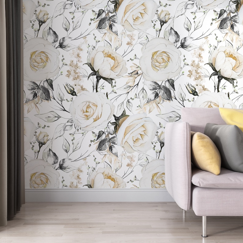 White Rose Wallpaper | Elegant Floral Wall Mural | Neutral Peel and ...