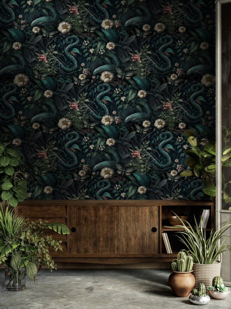 Dark Botanical Wallpaper Secret Garden at Night Peel and - Etsy Dark Botanical Wallpaper Secret Garden at Night Peel and - Etsy