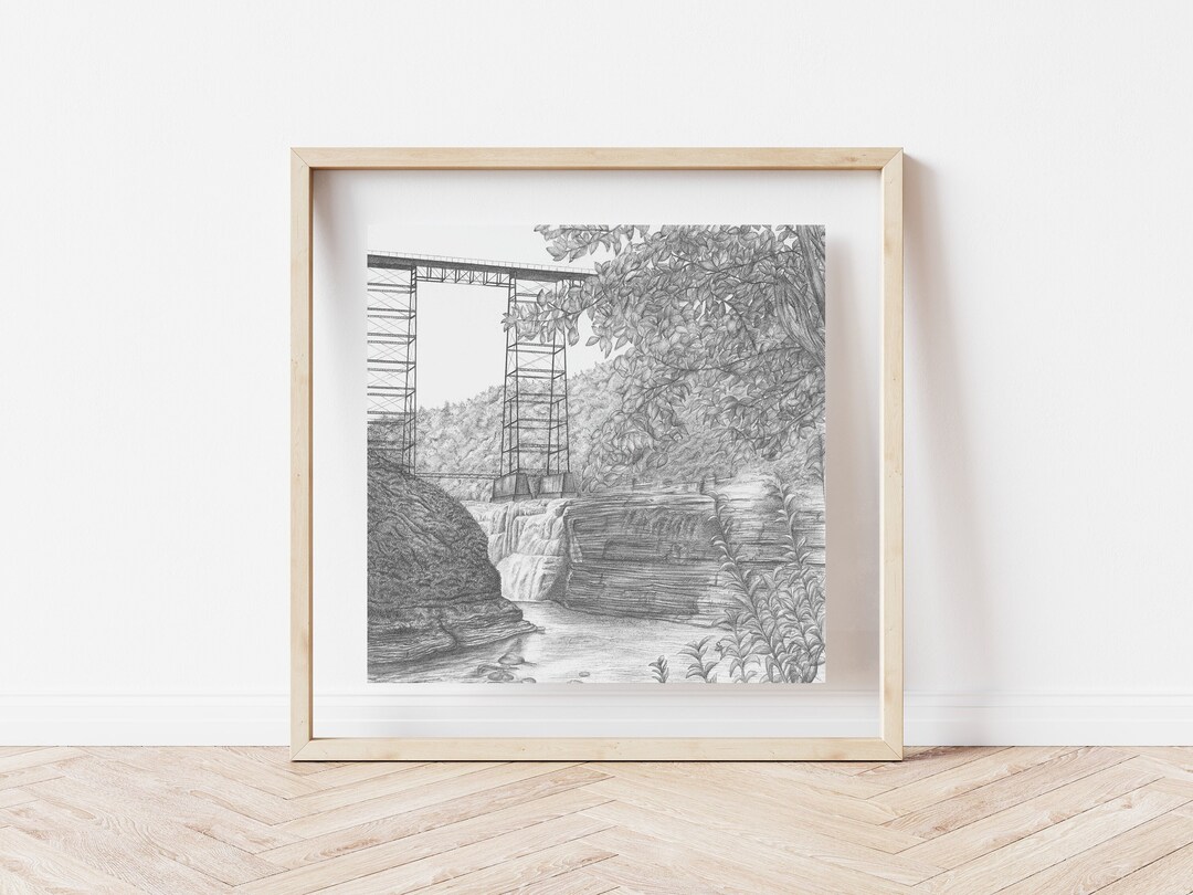 Letchworth State Park Print | Graphite Drawing, Railroad Trestle Bridge ...