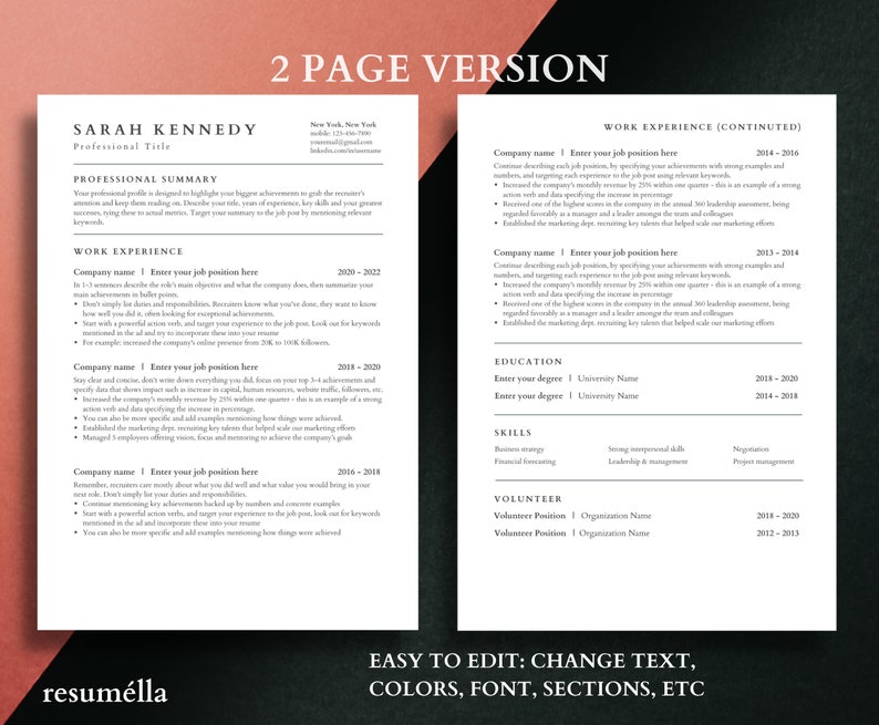 ATS Friendly Resume Template Canva, Google Docs, MS Word Resume, ATS ...