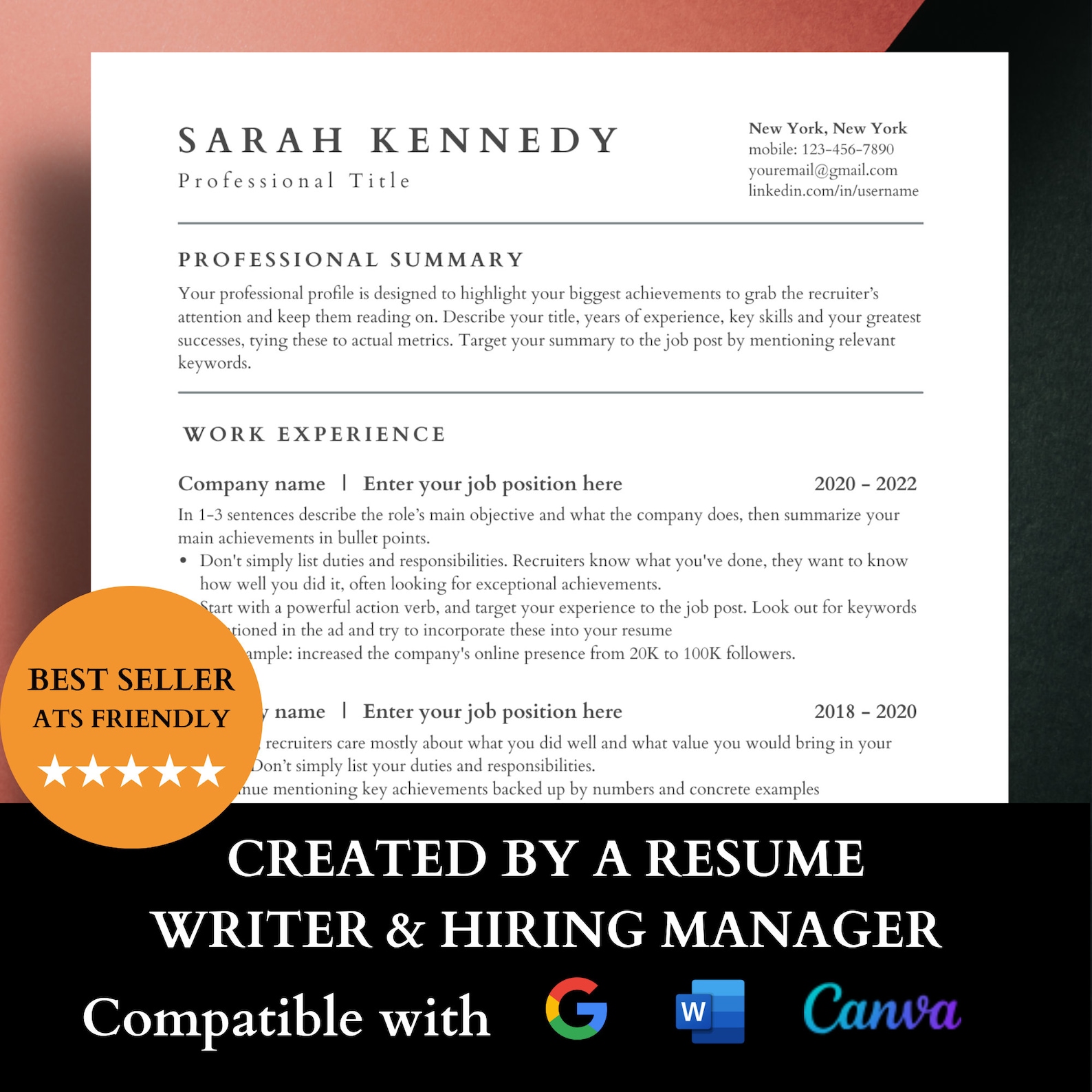 ATS Friendly Resume Template Canva, Google Docs, MS Word Resume, ATS ...