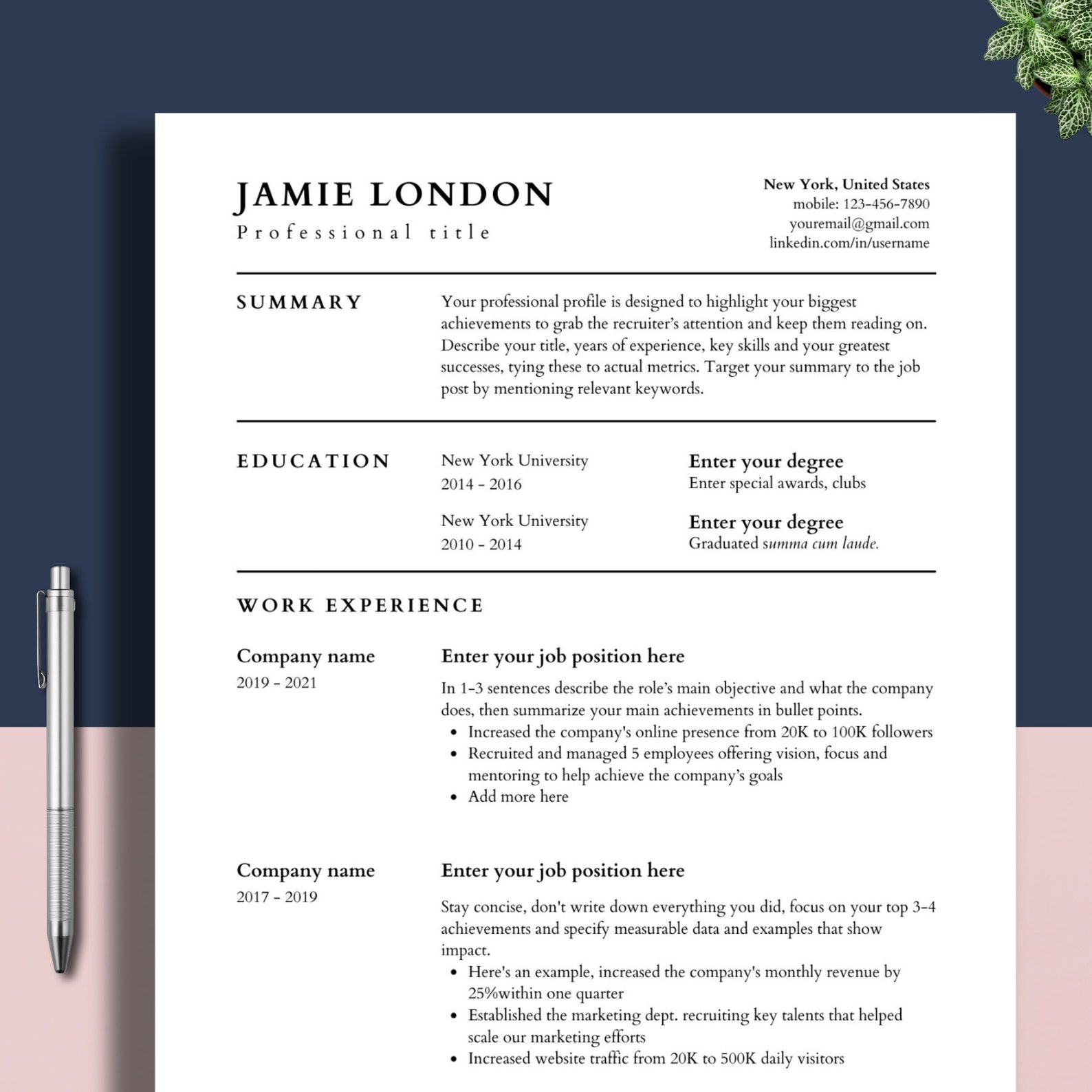 Professional Resume Template for Google Docs CV, Clean Simple Resume ...