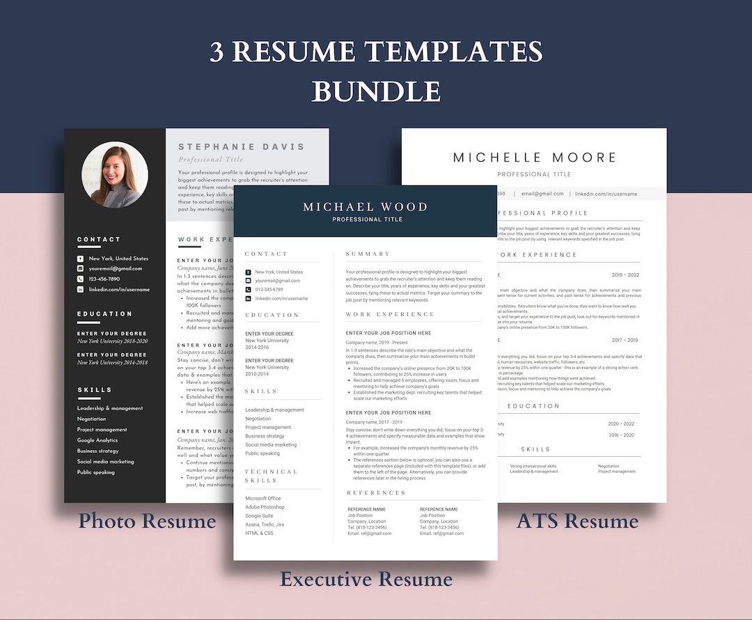 Bundle Resume Template, 3 Professional Resumes for Word & Google Docs ...