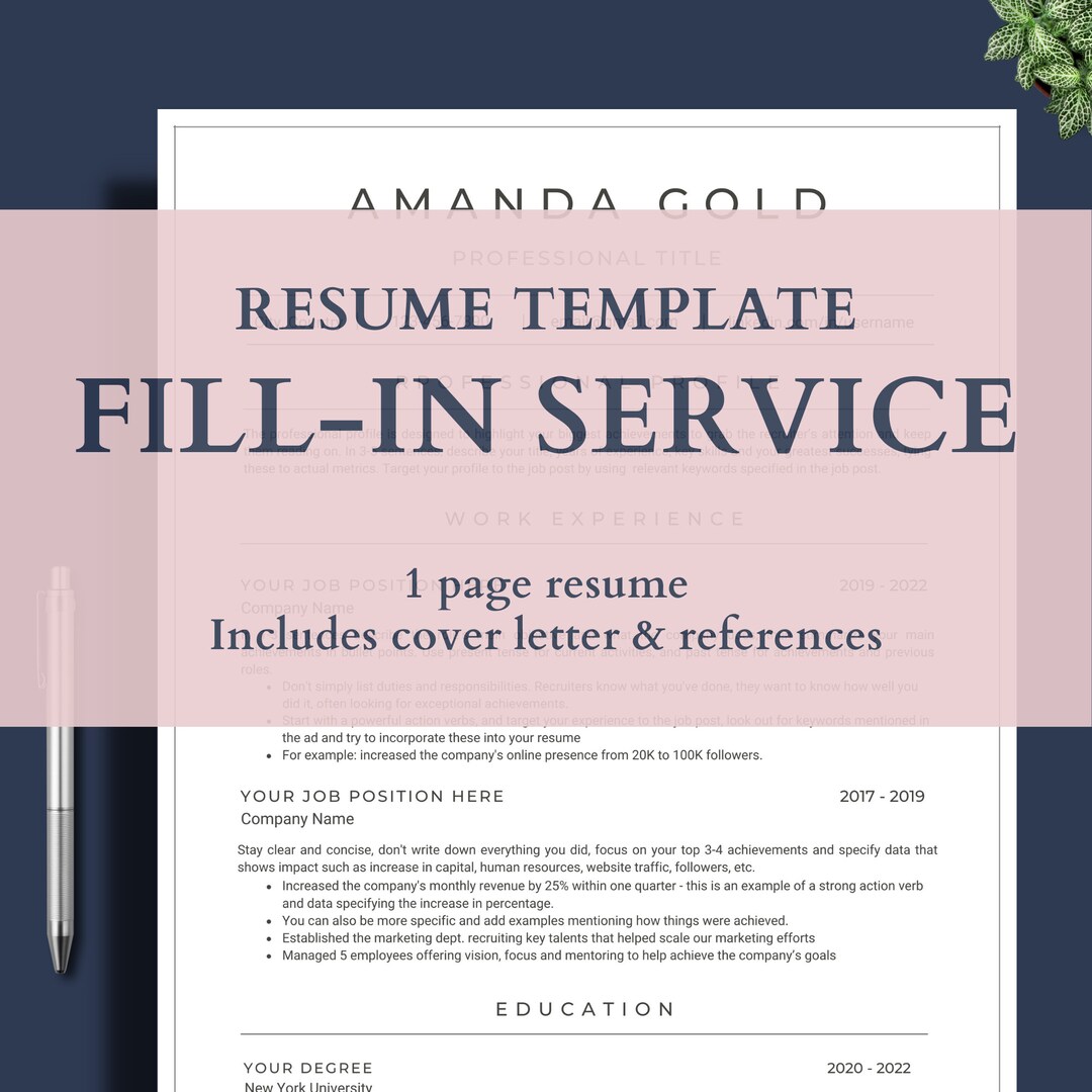 Resume Template Fill-in Service, 1 Page Resume Template With Cover ...