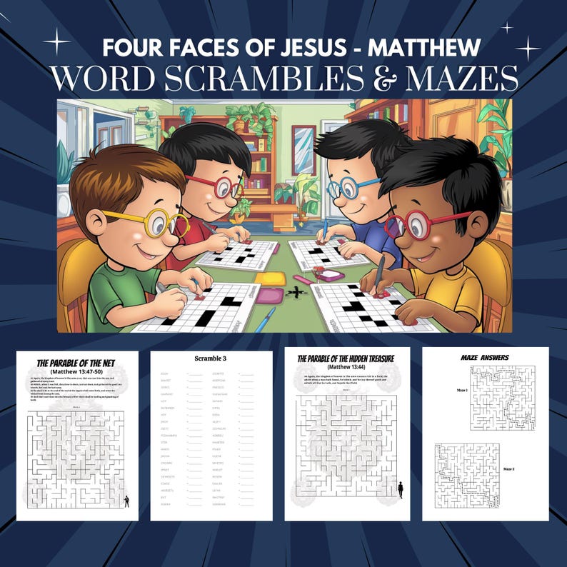 Four Faces of Jesus - Matthew - Word Scrambles & Mazes Christian ...