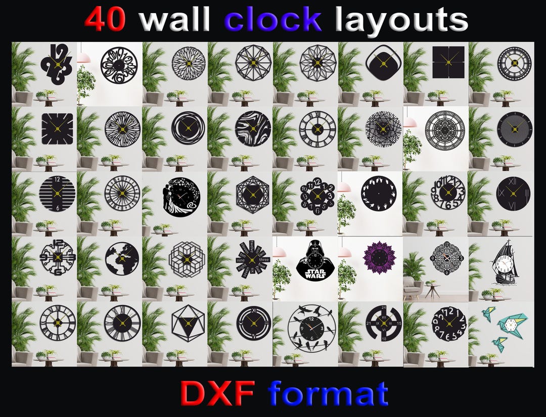 40 Wall Clock Layouts, Clock Blank Drawings in DXF Format for Laser ...