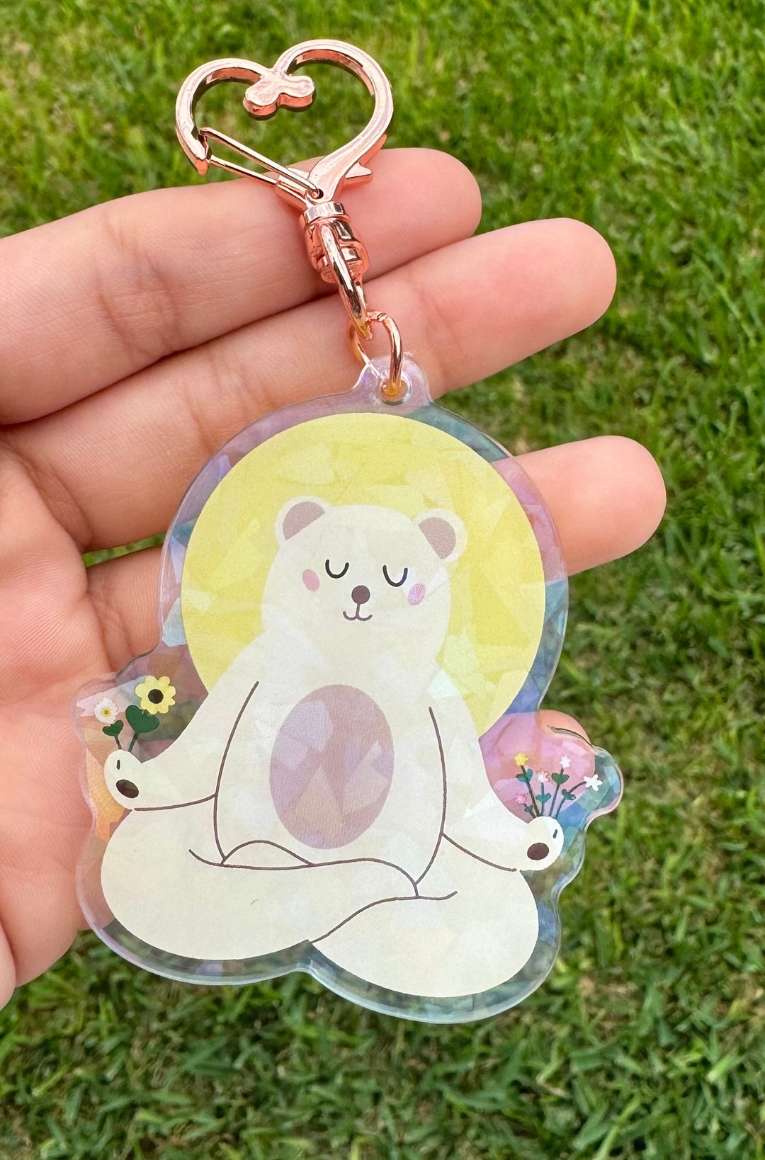 Zen Polar Bear Holding Flowers Double-sided Acrylic Holographic ...