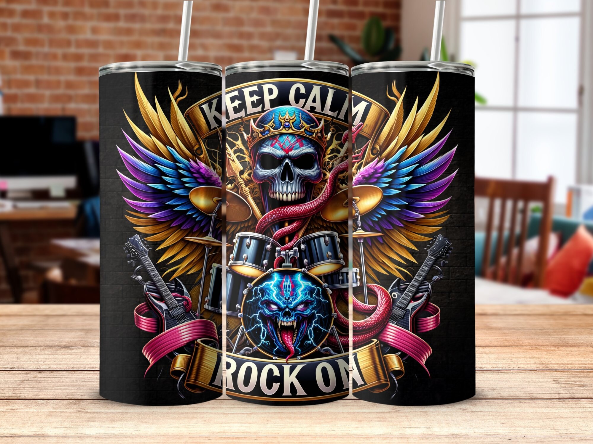 Keep Calm Rock on Tumbler Wrap, Music Skull Wings Guitar Drum Tumbler ...