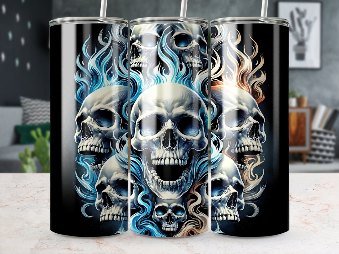 Blue Flame Skull Design 20 Oz Skinny Tumbler, Skeleton Sublimation ...