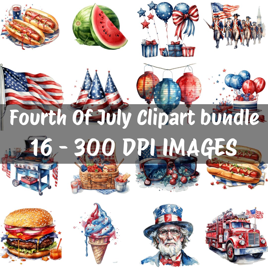 Watercolor 4th of July Independence USA America Day Clipart Bundle , 16 ...