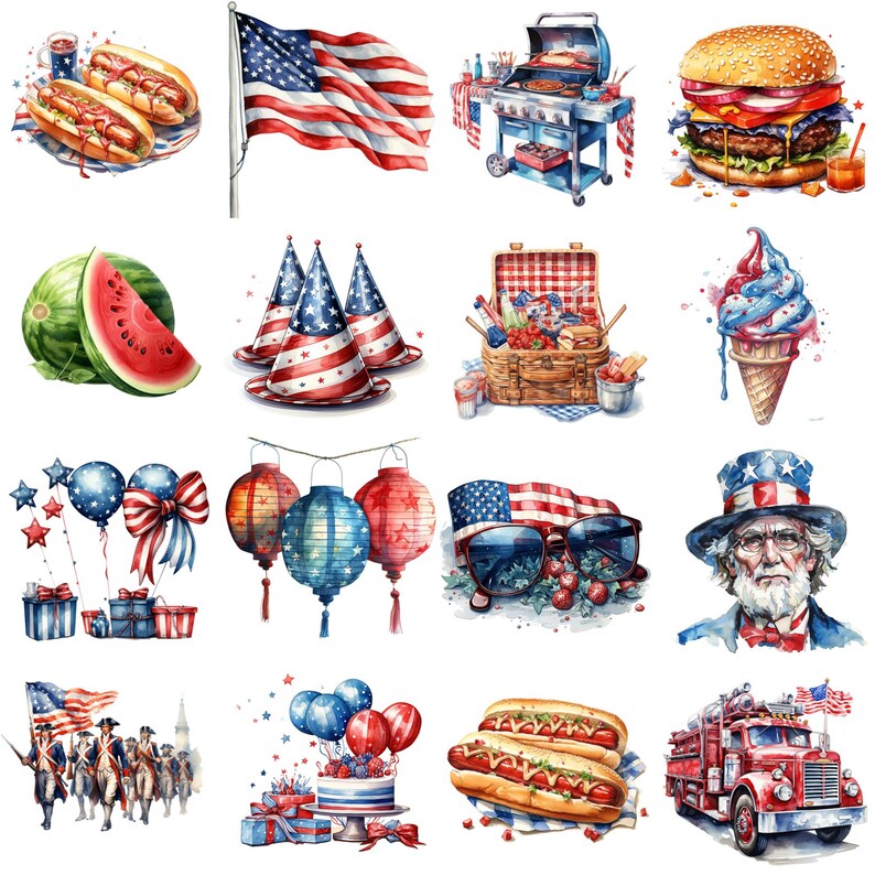 Watercolor 4th of July Independence USA America Day Clipart Bundle , 16 ...