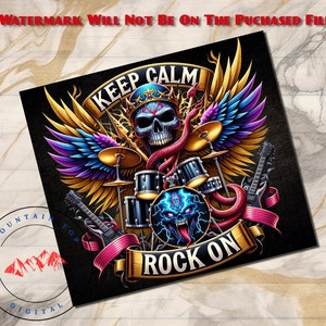 Keep Calm Rock on Tumbler Wrap, Music Skull Wings Guitar Drum Tumbler ...