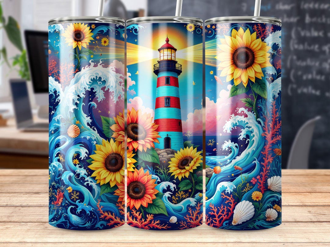 Coastal Beach Sunflower Lighthouse 20 Oz Seamless Skinny Tumbler Wrap ...