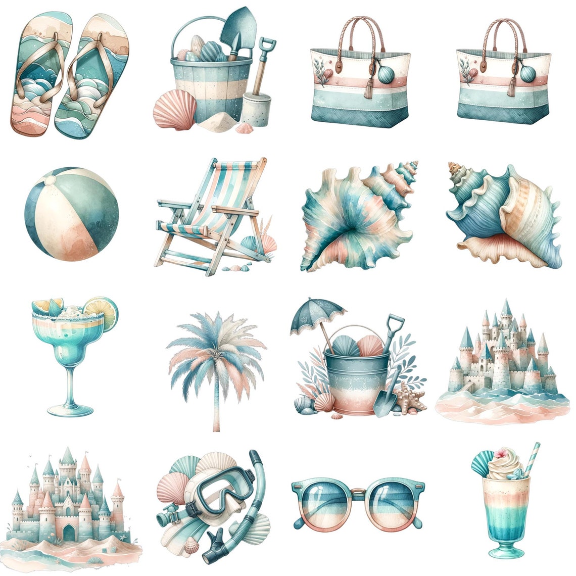 Summer Beach Watercolor Clipart Set, Beach Vacation Clip Art, Boho ...