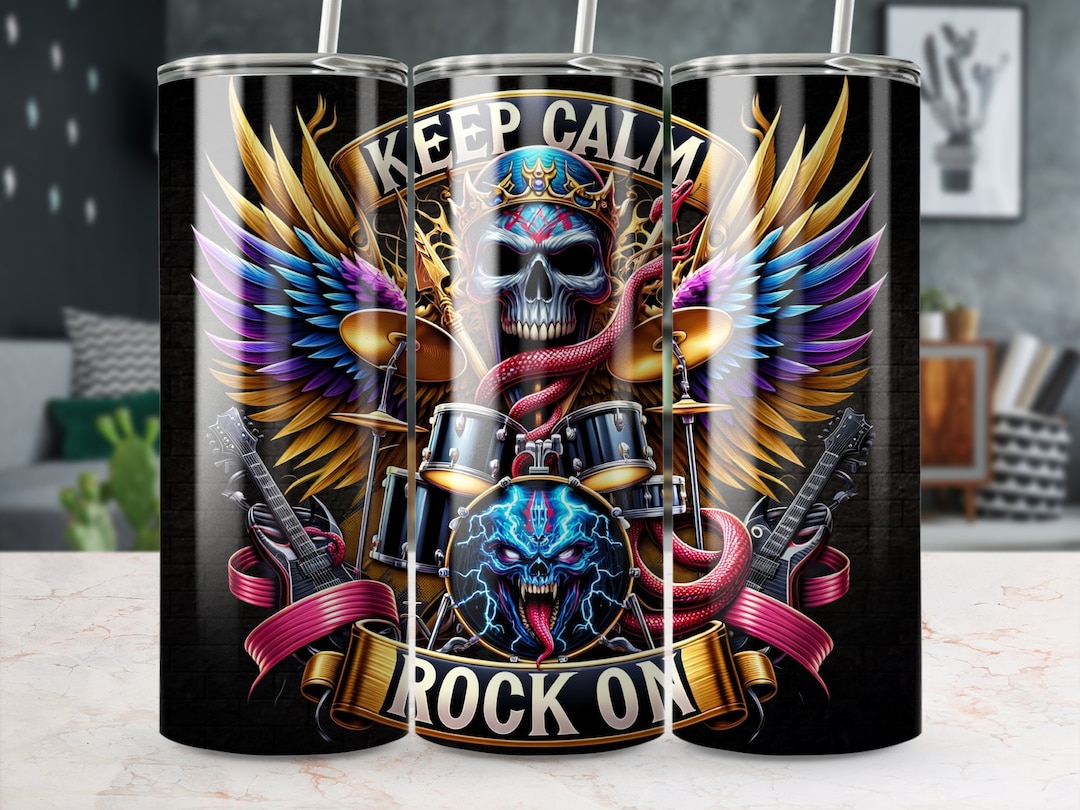 Keep Calm Rock on Tumbler Wrap, Music Skull Wings Guitar Drum Tumbler ...