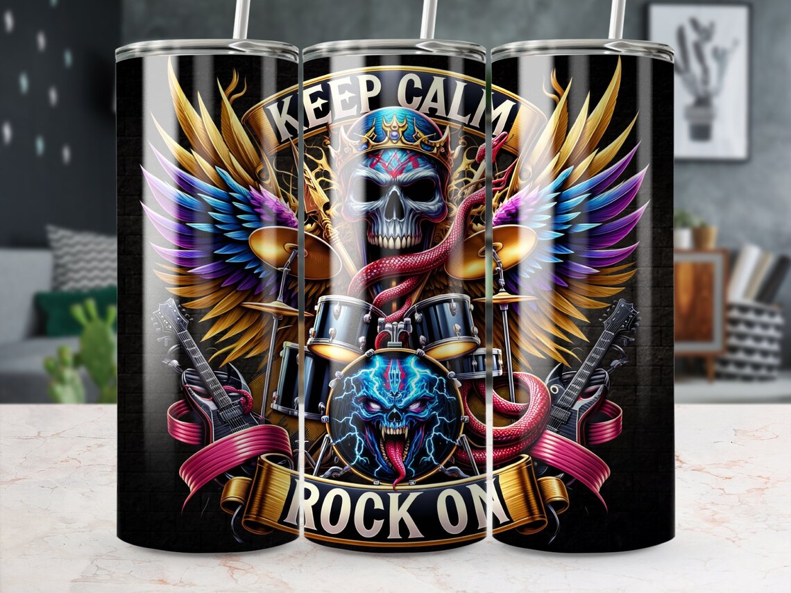 Keep Calm Rock on Tumbler Wrap, Music Skull Wings Guitar Drum Tumbler ...