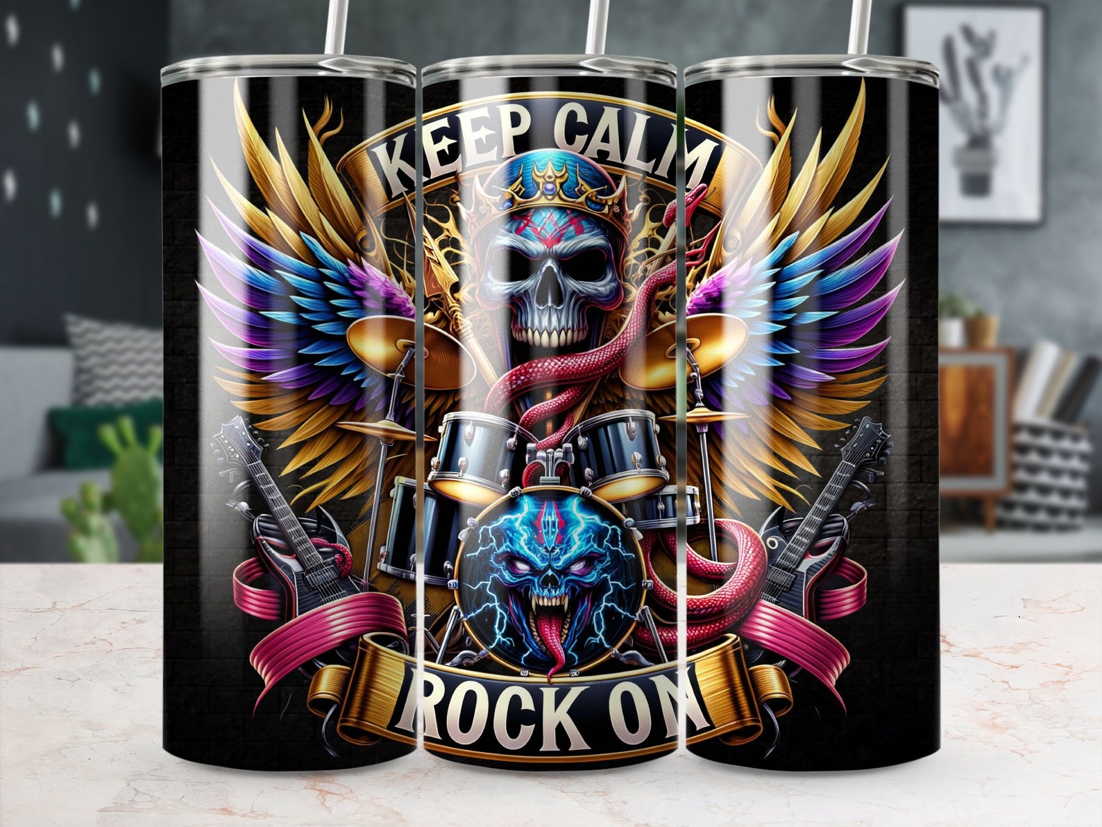 Keep Calm Rock on Tumbler Wrap, Music Skull Wings Guitar Drum Tumbler ...