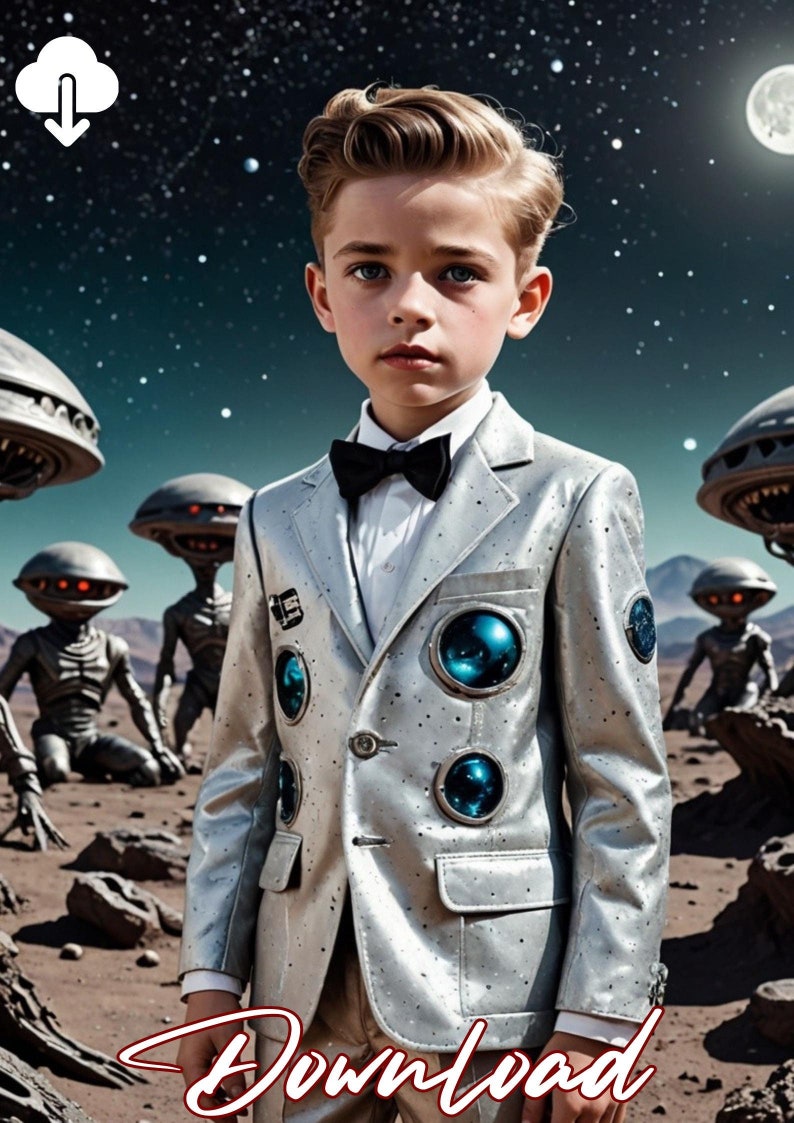 Retro Futuristic Boy in Spacesuit Alien Encounter Digital Art Download ...