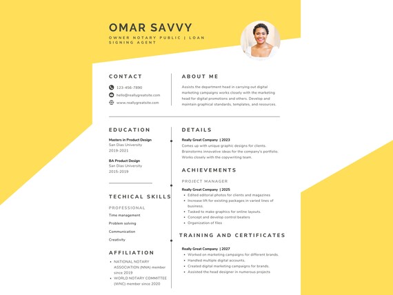 Notary Loan Signing Agent Resume Template Modern Resume | Etsy