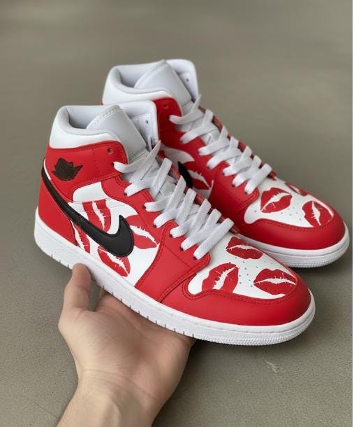 Custom Jordan 1s Valentine Day Jordan 1s - Red Kiss Print Jordan 1s ...