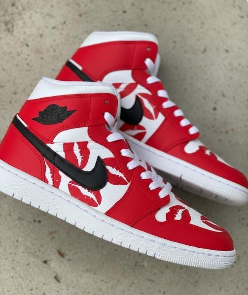 Custom Jordan 1s Valentine Day Jordan 1s - Red Kiss Print Jordan 1s ...