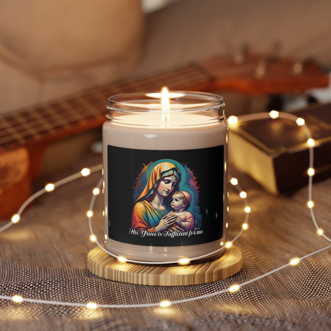 Bible Verse Mary & Jesus Candle Dark Our Lady of Gudalupe Style Virgin Mary With Baby Jesus ...